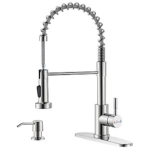 APPASO Commercial Kitchen Faucet with Soap Dispenser, 18'' Tall High Arc Kitchen Sink Faucet, Single Handle Commercial Spring Style Faucet with Pull Down Sprayer for Kitchen Laundry RV, Brushed Nickel