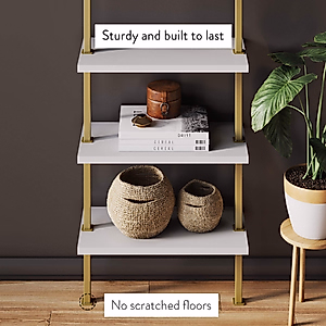 Nathan James Theo 5-Shelf Modern Bookcase, Open Wall Mount Ladder Bookshelf with Industrial Metal Frame, White/Gold