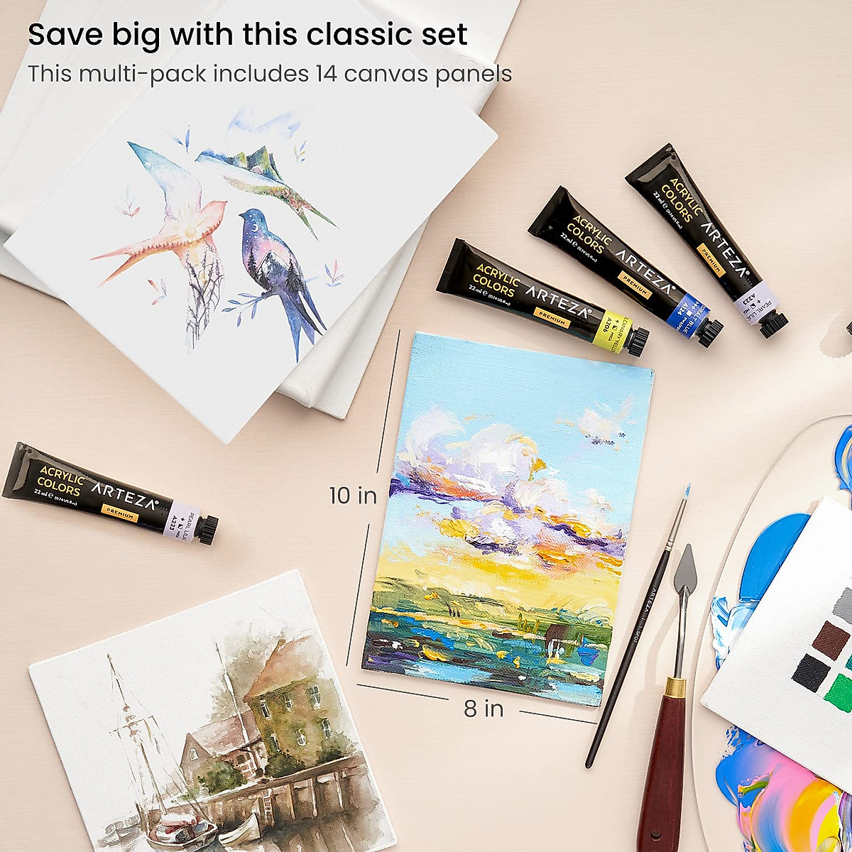 ARTEZA Canvas Boards for Painting, 8 x 10 Inches, Pack of 14, Blank White Canvas Panels for Acrylic, Oil and Gouache Painting