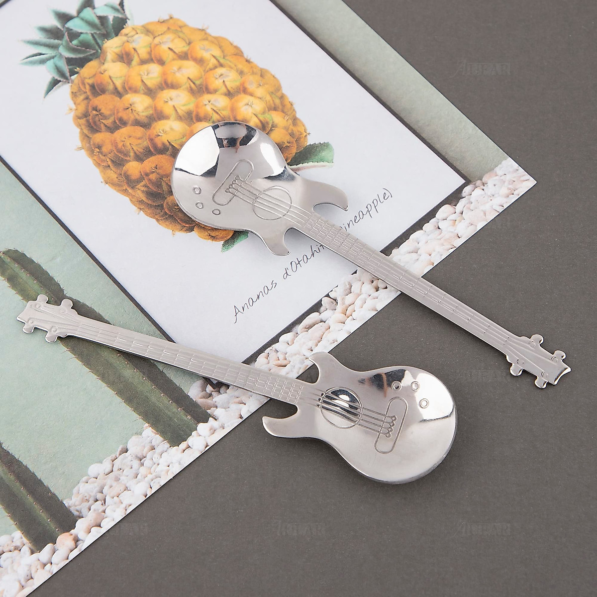 AUEAR, 6 Pack Guitar Dessert Spoons Stainless Steel Coffee Spoon Demitasse Espresso Spoons Musical Spoon Teaspoon for Stirring Drink Mixing Milkshake Jam Ice Cream Tea Cake (Silver)