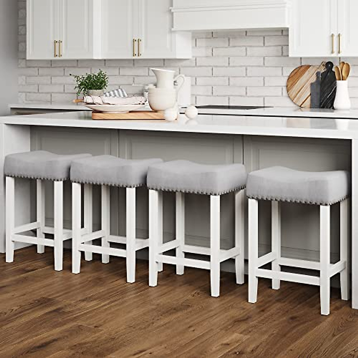 Nathan James Hylie Nailhead Wood Pub-Height Kitchen Counter Bar Stool 24", Gray/White