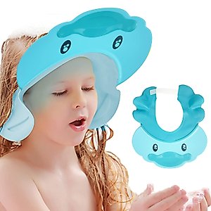 Baby Shower Hat, Adjustable Toddler Hair Washing Visor, Soft Silicone Baby Shampoo Cap for Girls Boys Toddler to Stop Water in Eyes (Duck-Blue)