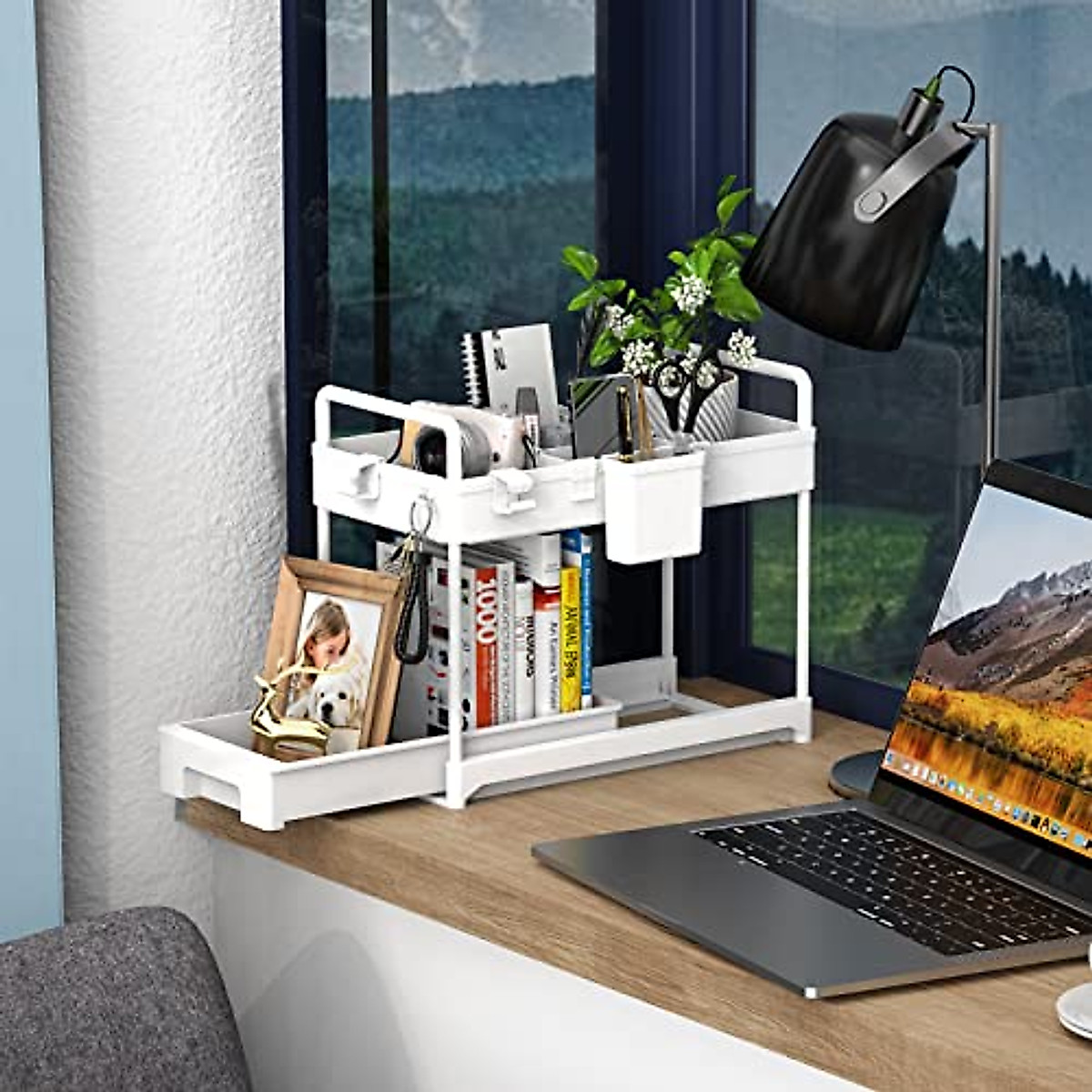 SOLEJAZZ 2-Tier Under Sink Organizer, Sliding Under Bathroom Cabinet Storage Drawer Organizer with Hooks, Hanging Cup, Dividers, Handles, Multi-purpose Under Sink Shelf Organizer, White, 2 Pack