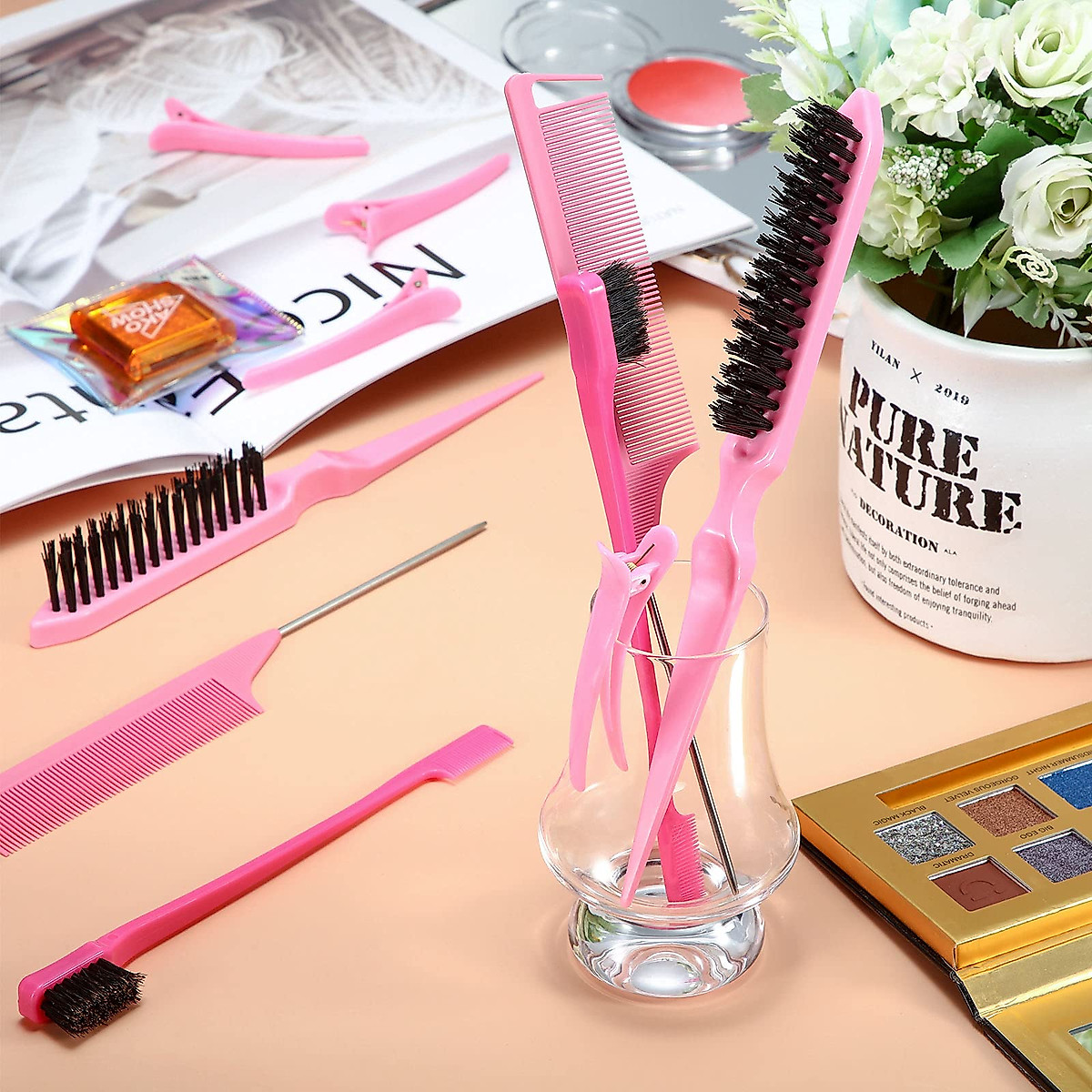 Remerry 12 Pieces Hair Brush Set, Nylon Teasing Hair Brushes 3 Row Salon Teasing Brush, Double Sided Edge Smooth Comb Grooming, Rat Tail Combs with Duckbill Clips for Women(Pink)