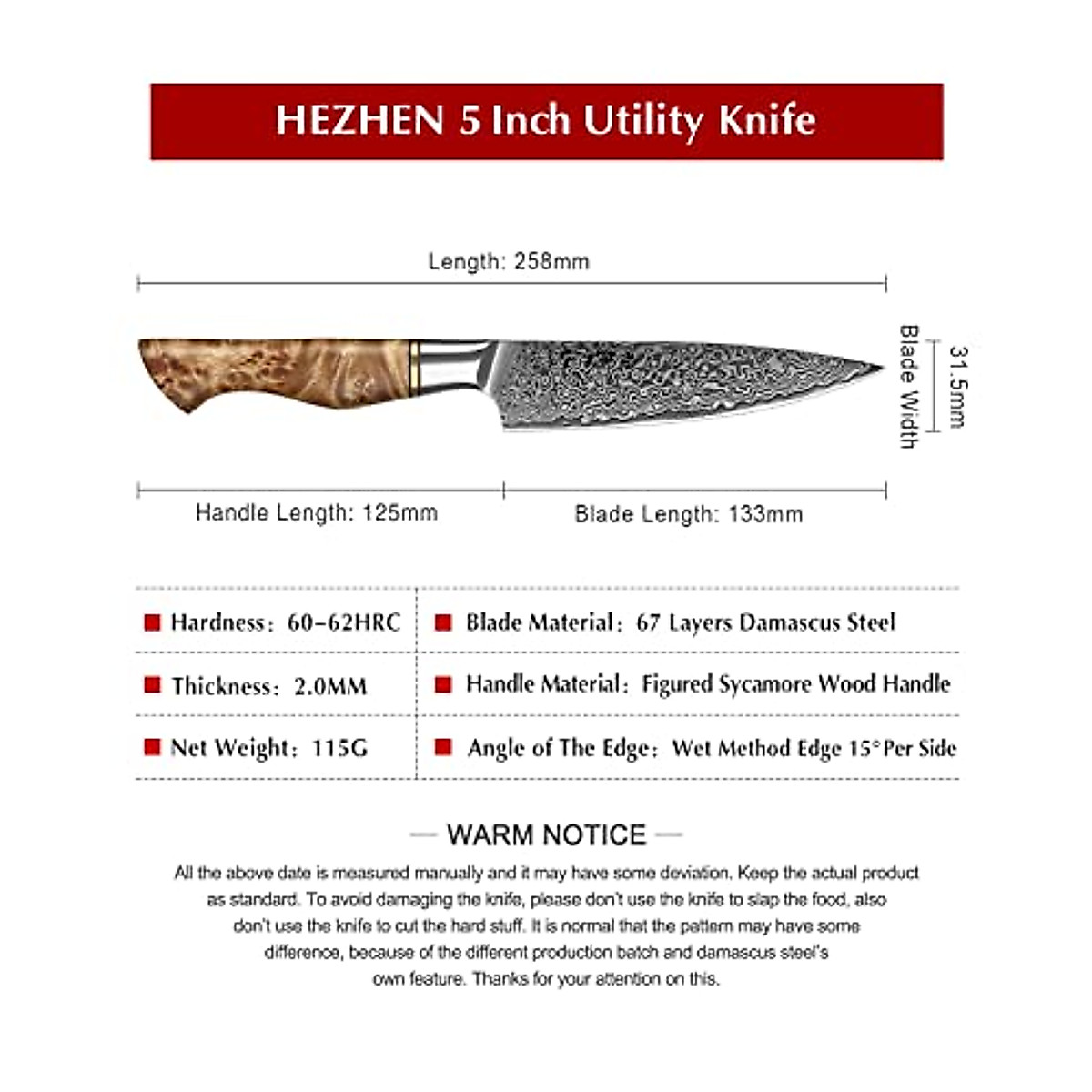 HEZHEN 5 inch Utility Knife with Razor Sharp- Damascus Steel with Rose Pattern Multifunctional VG10 Professional Paring-Fruit knife- Master Series Ergonomic Figured Sycamore Wood Handle
