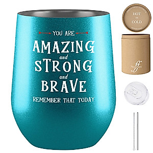 Fancyfams Encouragement Gifts for Women, 12 oz Stainless Steel Wine Tumbler, Thank You Gifts for Women, You Are Amazing and Strong and Brave Remember That Today (Strong - Turquoise)
