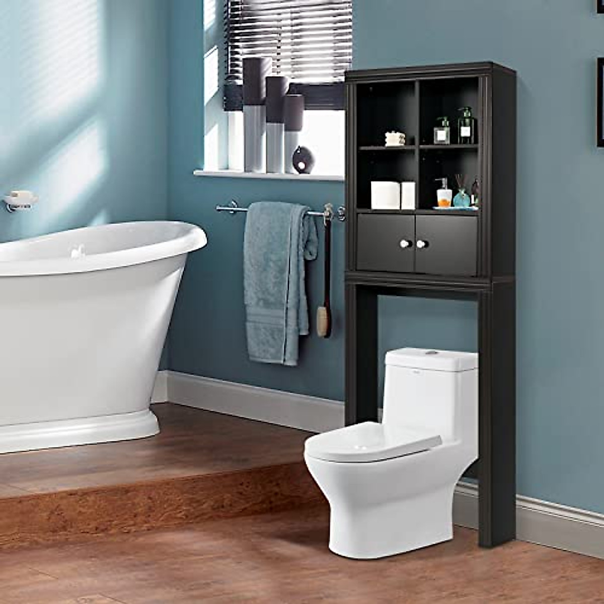 LOKO Over The Toilet Storage Cabinet, 2-Door Tall Bathroom Organizer w/ 4 Open Compartments & Adjustable Shelves, Modern Simple Toilet Space Saver, Ideal for Bathroom Laundry Balcony (Espresso)