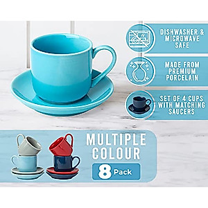4oz. Espresso Cups Set of 4 With Matching Saucers - Premium Porcelain, 8 Piece Gift Box Demitasse Set - Red, Blue & Grey – Italian Caffè Mugs, Turkish Coffee Cup – Lungo Shots, Dopio Double Shot