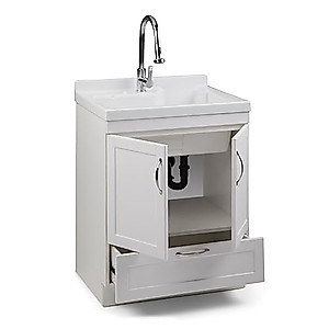 SIMPLIHOME Maile All-in-One Utility Sink & Cabinet, Pure White, 28-inch Laundry Cabinet, Pull-out Faucet, ABS Sink, Storage Drawer for Laundry Room, Mudroom, Garage