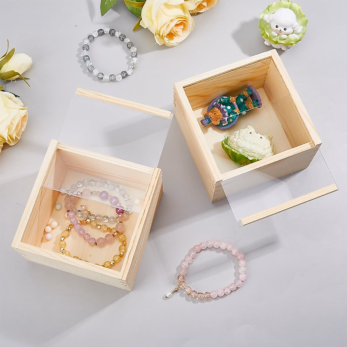DICOSMETIC 2Pcs Slide Square Wood Box Unfinished Wood Storage Box with Transparent Sliding Lid 11.9CM Visible Wood Gift Box for DIY Craft Storage and Decorative Organizer, 4.7x4.7x3