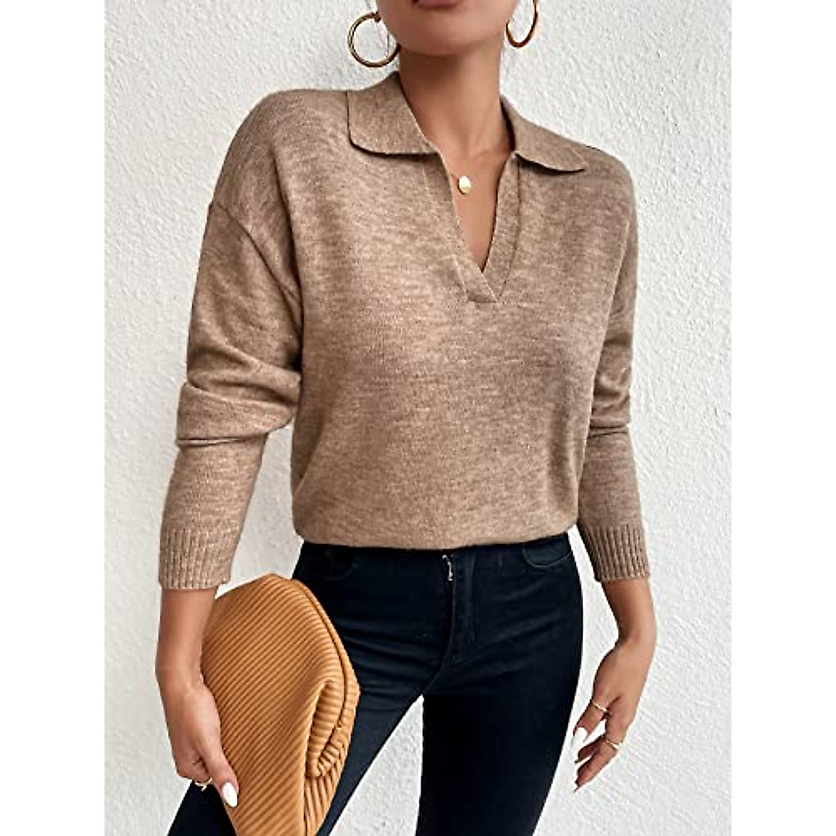 SHENHE Women's Casual V Neck Long Sleeve Knitted Pullover Polo Sweater Jumper Tops Camel M