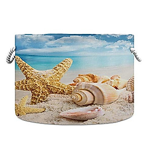 SUABO Large Storage Basket, Starfish and Seashells On The Beach Laundry Hamper Collapsible Nursery Hamper Bin with Handle, Baby Laundry Baskets for Blanket Toys Clothes Towels, 20X 20X 14 inches
