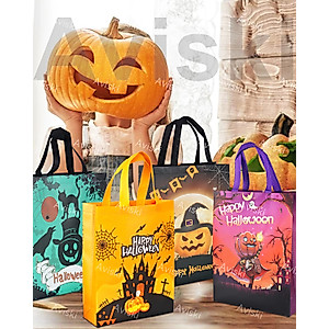 Aviski 8PCS Halloween Trick or Treat Bags, Halloween Tote Bags with Handles, Large Gift Bags, Multifunctional Non-Woven Halloween Bags for Gifts Wrapping, Halloween Party Supplies, 15×11.8×3.9“