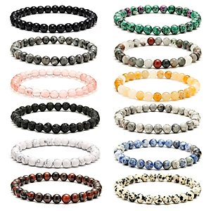 EACHAR 12Pcs 6MM/8MM Round Natural Stone Bracelets Beads Healing Crystals Quartz Y2K Stretch Bracelets for Women Men Girls Gifts Unisex (BE000002-1) (6MM)