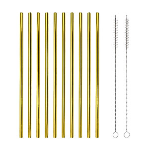 10 Pcs Stainless Steel Straws, Reusable Drinking Straws, Straight Metal Straw Sets with 2 Pcs Cleaning Brushes (8.5 Inch, Gold)