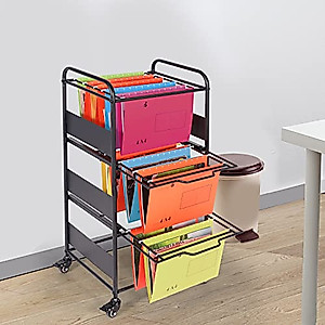 ALAPUR Rolling File Carts with Wheels Hanging Files,3 Tier Metal Filing Cart Organizer for Letter Size Movable Pull-Out File Folder Rack
