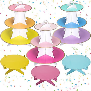 6 Pieces Colorful Cupcake Stand Set 3 Tier Cardboard Dessert Tower 1Tier Cupcake Display Stand Serving Cupcake Holder for Birthday Baby Shower All Themed Party Events Cake Display, Pink, Blue, Yellow