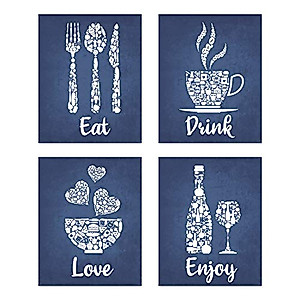 Navy Blue White Mosaic Vintage Inspirational Kitchen Restaurant Cafe Bar Wall Art Decorations Eat Drink Love Wine Coffee Hearts Prints Posters Signs Sets Rustic Farmhouse Country Home Dining Room House Decor 8x10 UNFRAMED