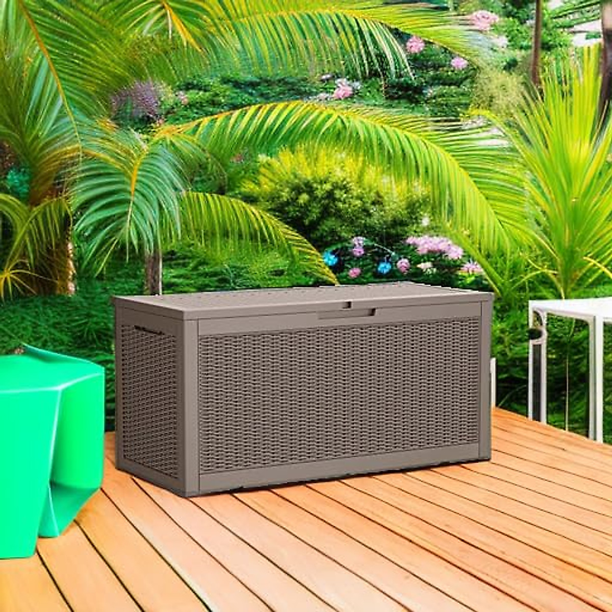 Devoko 100 Gallon Waterproof Large Resin Deck Box Indoor Outdoor Lockable Storage Container for Patio Furniture Cushions Garden Tools (100 Gallon, Light Brown)