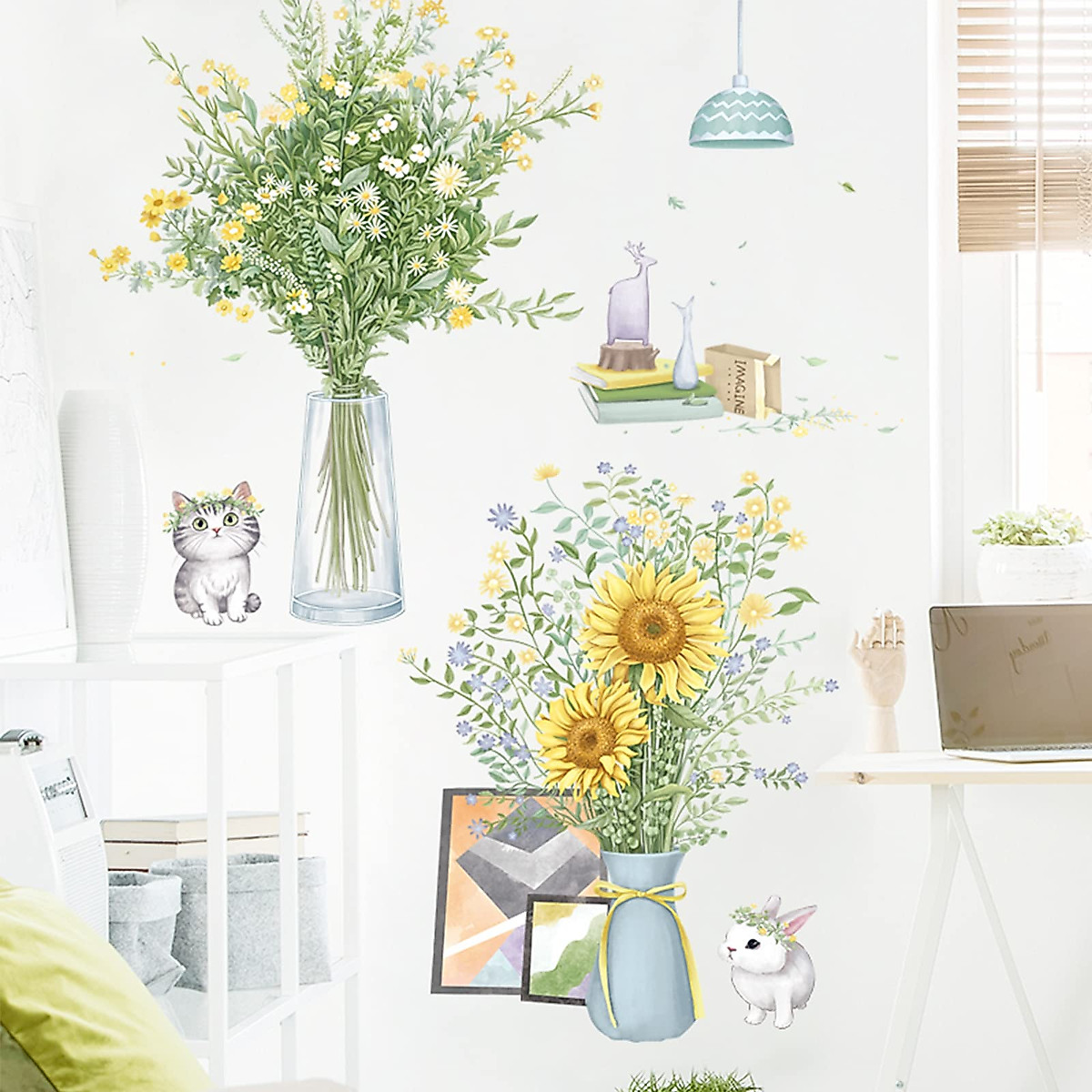 Sunflower Vase Plants Wall Sticker Cute Cat Rabbit Decor, Removable Daisy Flower Green Leaf Wallpaper Decals, AUHOKY Garden Potted DIY Art Mural for Living Room Bedroom Kitchen Nursery Home Decoration
