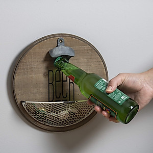 Foreside Home and Garden Rustic Wood Wall Mount Beer Bottle Opener with Metal Basket, Brown