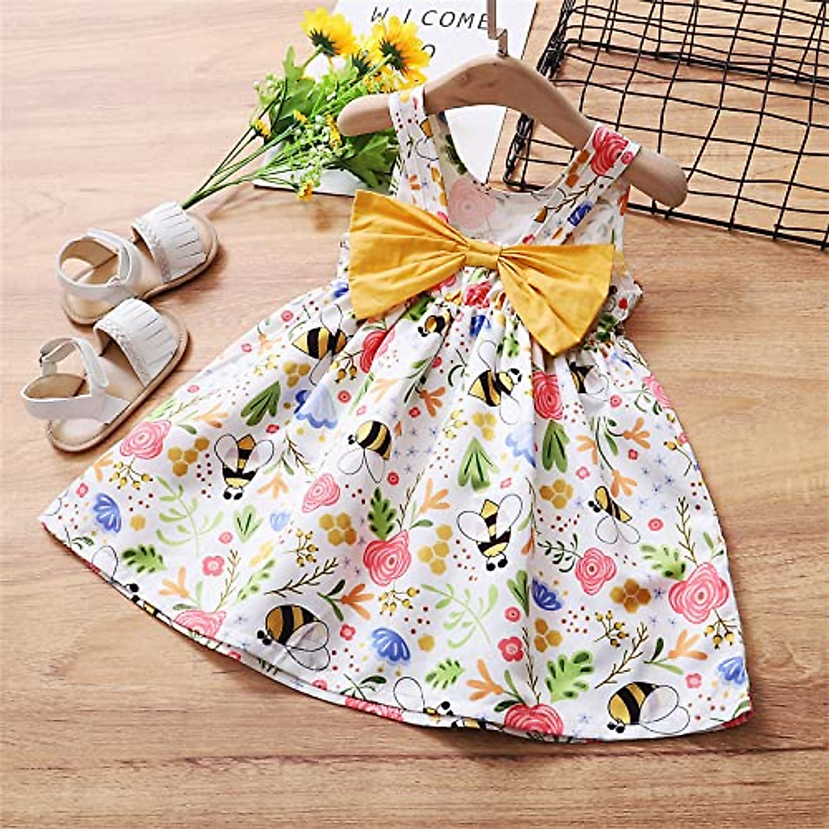Toddler Girls Patchwork Bowknot Dress Bee Floral Prints Sleeveless Dresses Casual Soft Ruffle Swing Clothes (Yellow, 9-12 Months)