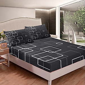 Black Grey White Sheet Set,Geometric Square Bed Sheets for Kids Boys Girls,Geometry Ombre Stripes Bedding Set King,Modern Simple Style Fitted Sheet Wrinkless + Top Sheet + 2 Pillowcases Bedroom Decor