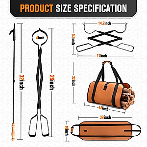 Firewood Carrier + Fire Poker + Fireplace Tongs - Fire Pit Tools for Indoor and Outdoor Use, Log Carrier for Firewood, 32 Inch Fire Poker, 26 Inch Fire Tongs, Fireplace Tools