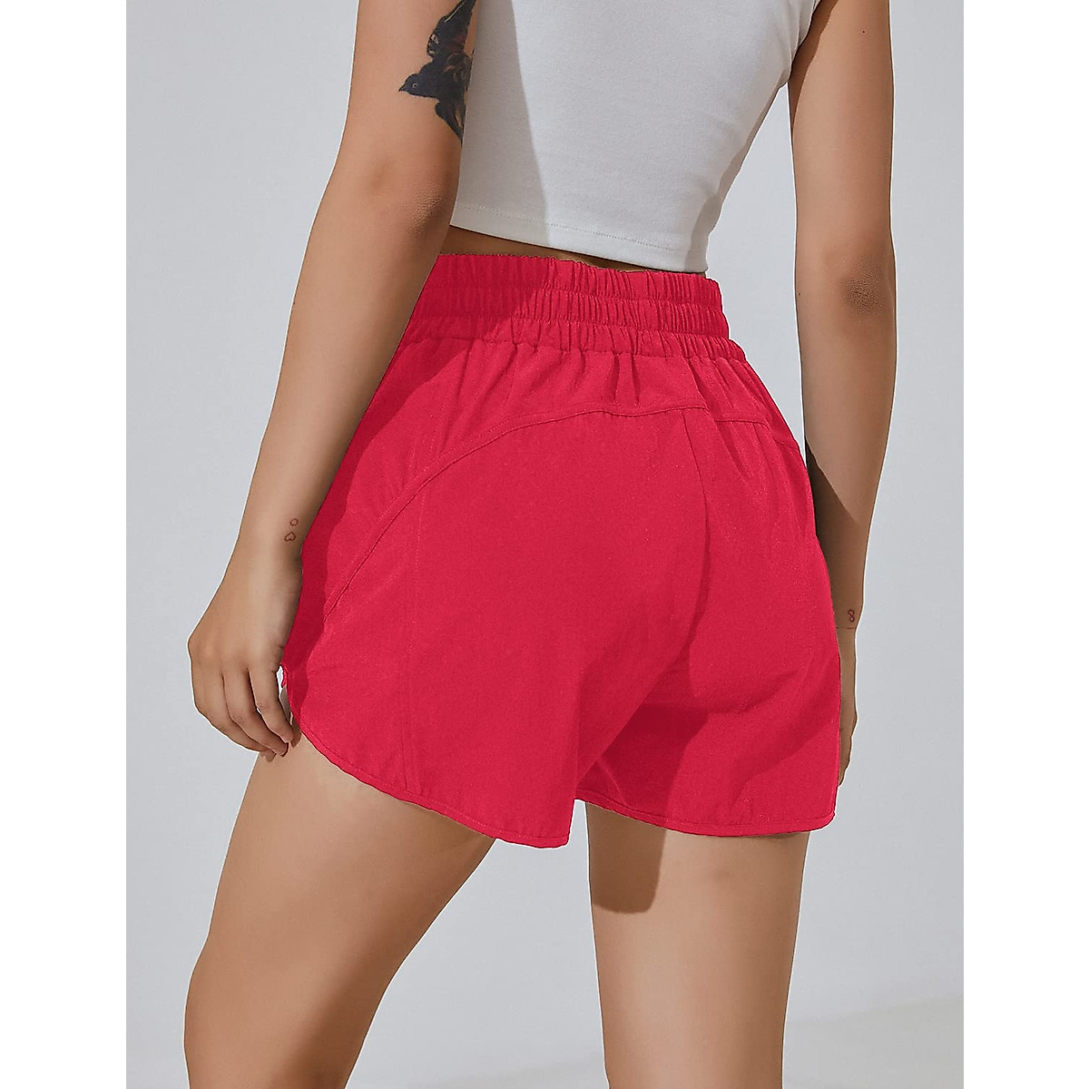 BMJL Women's Running Shorts Elastic High Waisted Shorts Pocket Sporty Workout Shorts Quick Dry Athletic Shorts Pants(S,Red)