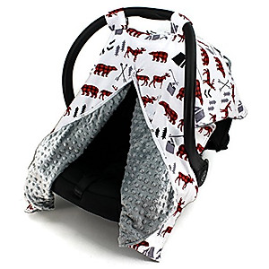 Dear Baby Gear Car Seat Canopy, Woodland Adventure Bear Moose Plaid, Minky Grey
