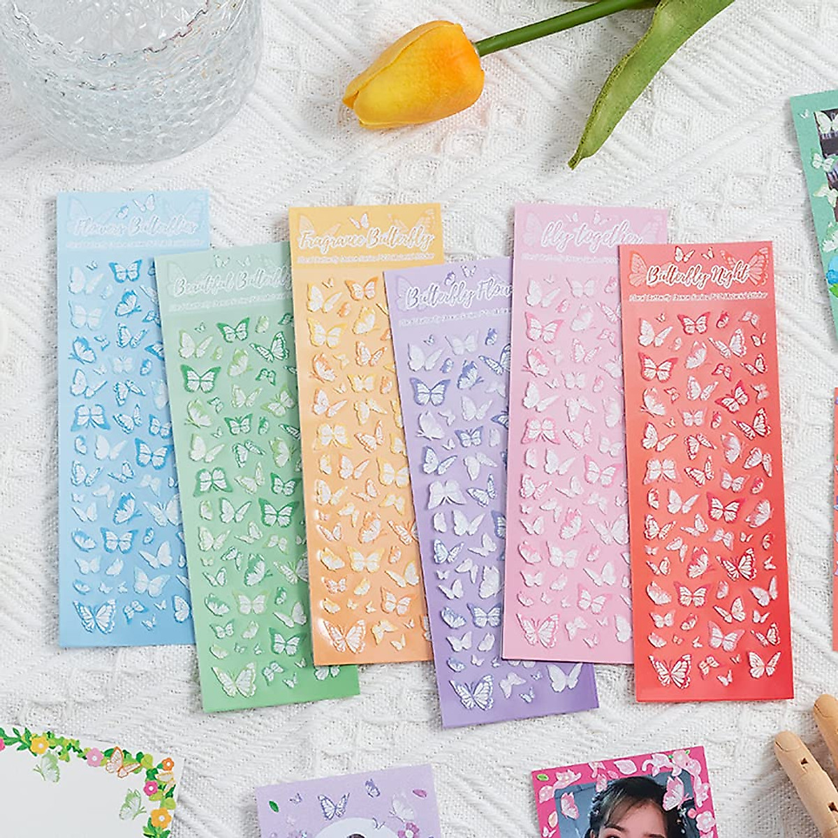 Scrapbook Stickers 24 Sheets Self-Adhesive Deco Stickers,Colorful Butterfly Scrapbooking Sticker,Shiny Korean Stickers Waterproof Journal Stickers for Postcard Photo Planner Diary Card Decoration