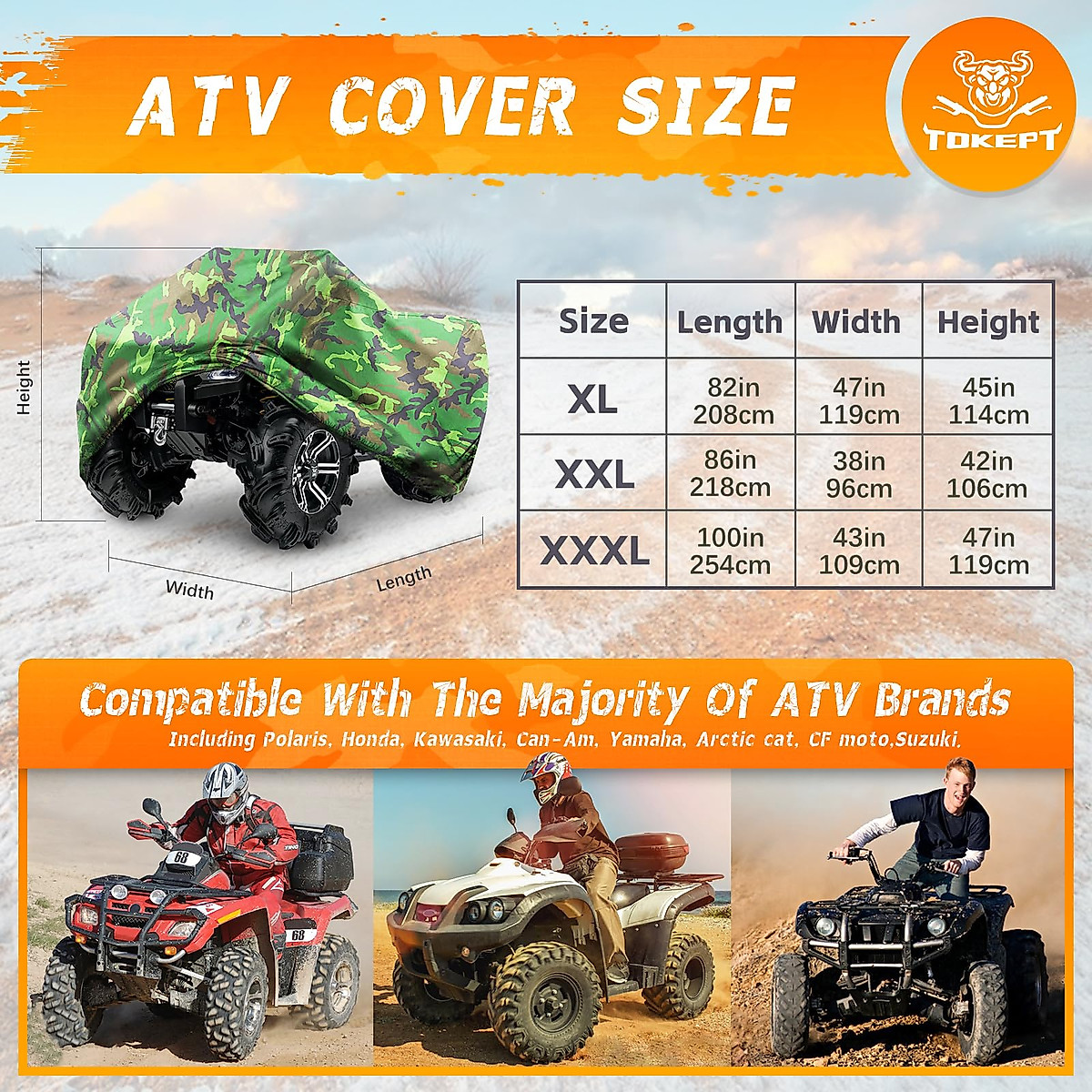 Tokept ATV Waterproof Cover, 210D All Weather Protection Quad Bike Cover from Snow, Rain or Sun, Fits up to 86 Inch 4 wheelers (Camouflage XXL)