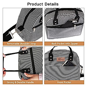 HOMESPON Reusable Insulated Lunch Bag Cooler Tote Box with Front Pocket Zipper Closure for Woman Man Work Picnic or Travel(Black and White Stripe with Shoulder)