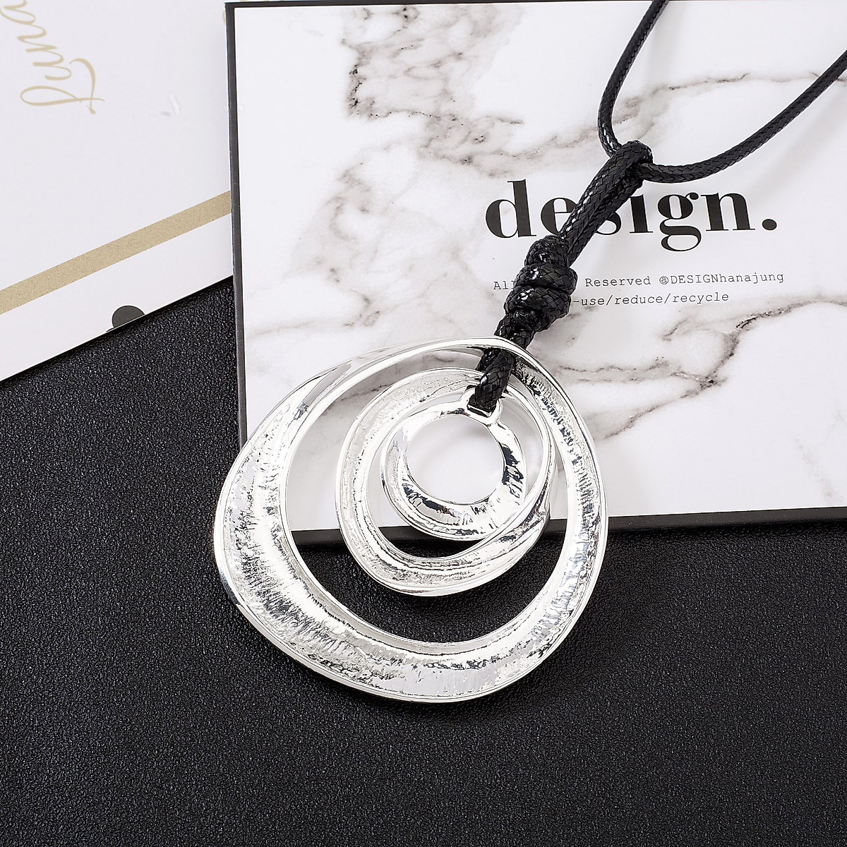 welbijoux Long Pendant Necklaces Silver Pendant Natural Black Rope Chain Bohemian Necklace for Women with Gift Box
