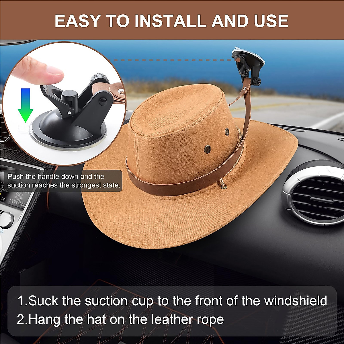 Cowboy Hat Holder for Truck Holder - Keep Your Cowboy Hat Safe While Driving with Our Hat Holder for Truck - The Ultimate Cowboy Hat Rack for Pickup with Strong Suction Cups and Genuine Leather Cord
