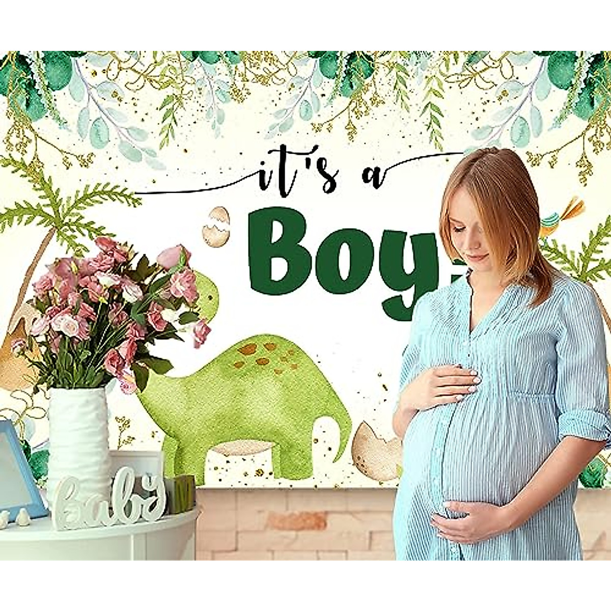 Sensfun It's a Boy Dinosaur Baby Shower Backdrop Decorations Eucalyptus Leaves Cartoon Jungle Dinosaurs Photography Background Boy Dino Baby Shower Party Kids Newborn Banner Photo Booth Supplies 7x5ft