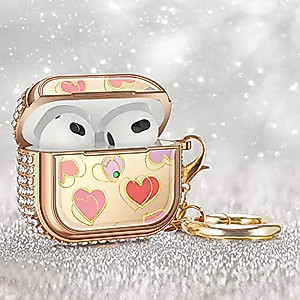 AIRSPO Case Cover for AirPods 3rd Generation Flower Patterns Protective AirPods 3 Case for Women AirPods 3 Earbuds Wireless Charging Case with Keychain (Gold/Love Heart)