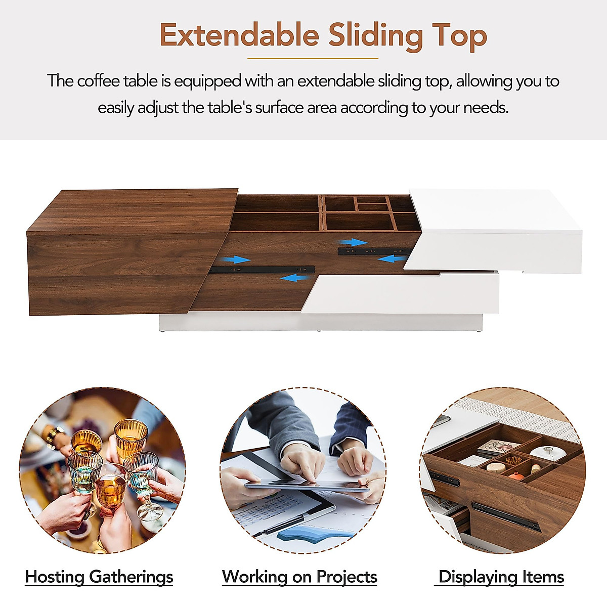 Merax Coffee Table Extendable Sliding Top for Living Room Modern with Drawers Hidden Compartment Accent Furniture Multifunctional Cocktail Reception Office Bedroom, 47.2"-72.8", White/Walnut