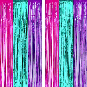 Teal Purple Pink Tinsel Foil Fringe Curtains - Under The Sea Birthday Baby Shower Photo Backdrops Wedding Summer Beach Pool Ocean Party Decor Photo Booth Backdrops Decorations, 3.2 ft x 9.8 ft, 2PC