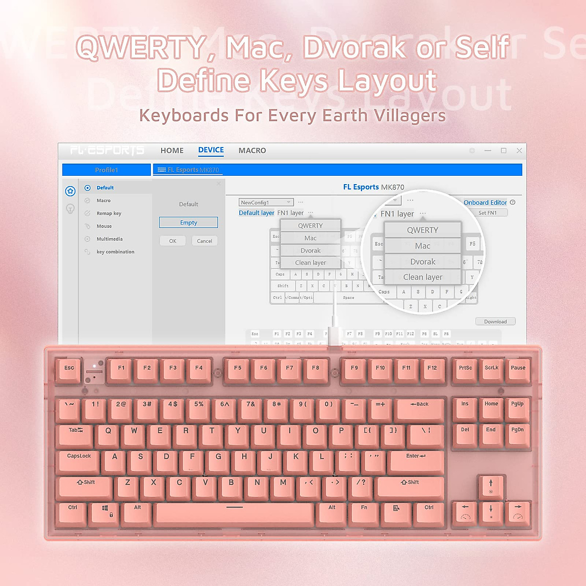 FL ESPORTS MK870 CMMK 87 Keys RGB Modular Mechanical Keyboard, 80% TKL Wired Gaming Keyboard DIY Kit w/Hot-Swap Switch Sockets (5-pin) & Customizable Software Supported (Barebones, Frosted Pink)