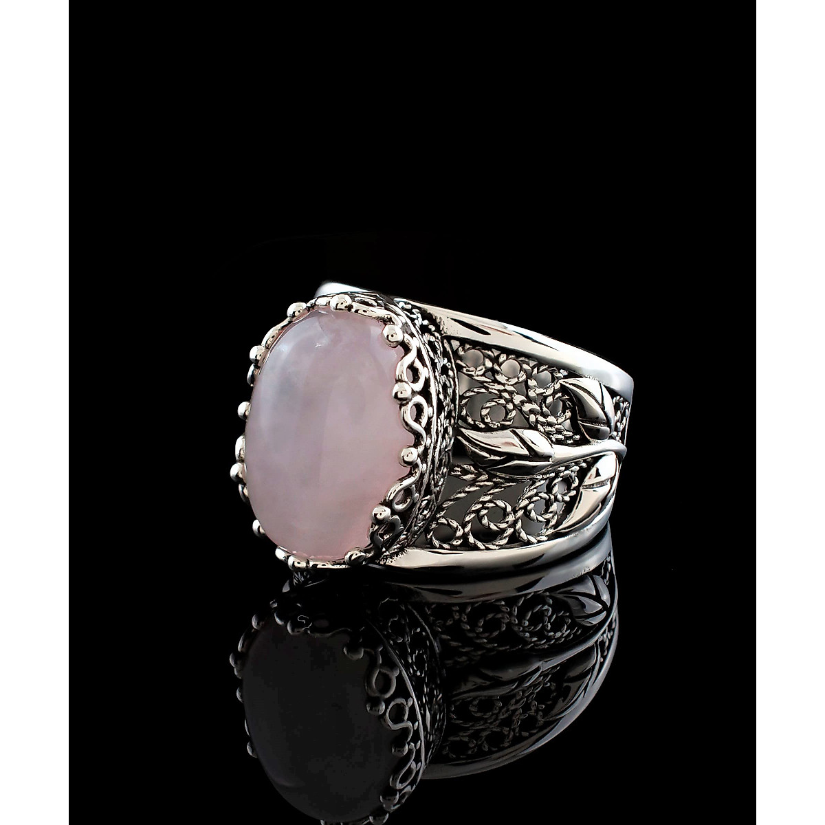 Filigranist 925 Sterling Silver Filigree Art Lace Embroidery Tulip Detailed Women Cocktail Ring with Rose Quartz Gemstone, Luxurious Gift Packed (Rose Quartz, 8)