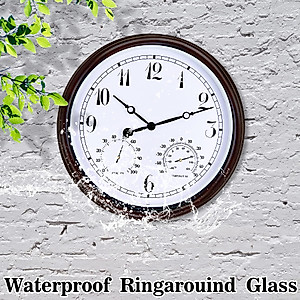 15 Inch Indoor/Outdoor Waterproof Wall Clock, Outdoor Clock with Thermometer and Hygrometer Combo, Retro Round Silent Battery Operated Quartz Wall Clock for Patio Home Bathroom Porch Pool (Brown)