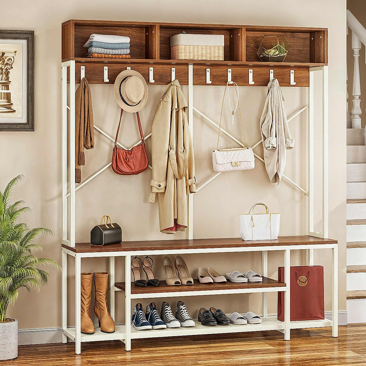 YITAHOME Entryway Bench with Coat Rack, 5-in-1 Hall Tree with Shoes Storage, Industrial Freestanding Coat Rack Shoe Bench with Storage Shelves, 10 Hooks for Hallway, Bedroom, Walnut/White