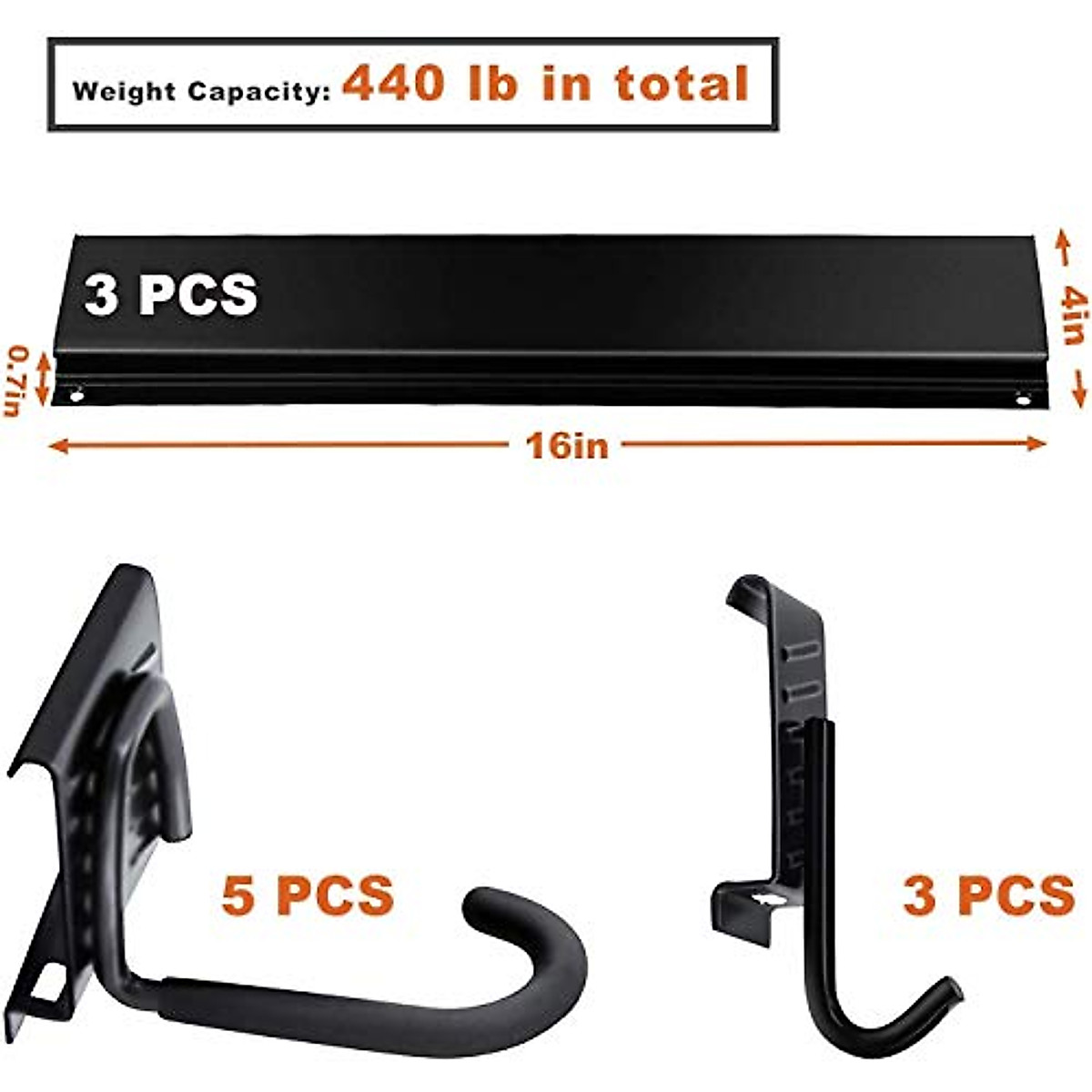 Wallmaster 15 PCS Tool Storage Rack Garage Storage Wall Mount & Garage Storage 5 Bicycles Hooks 3 Rails