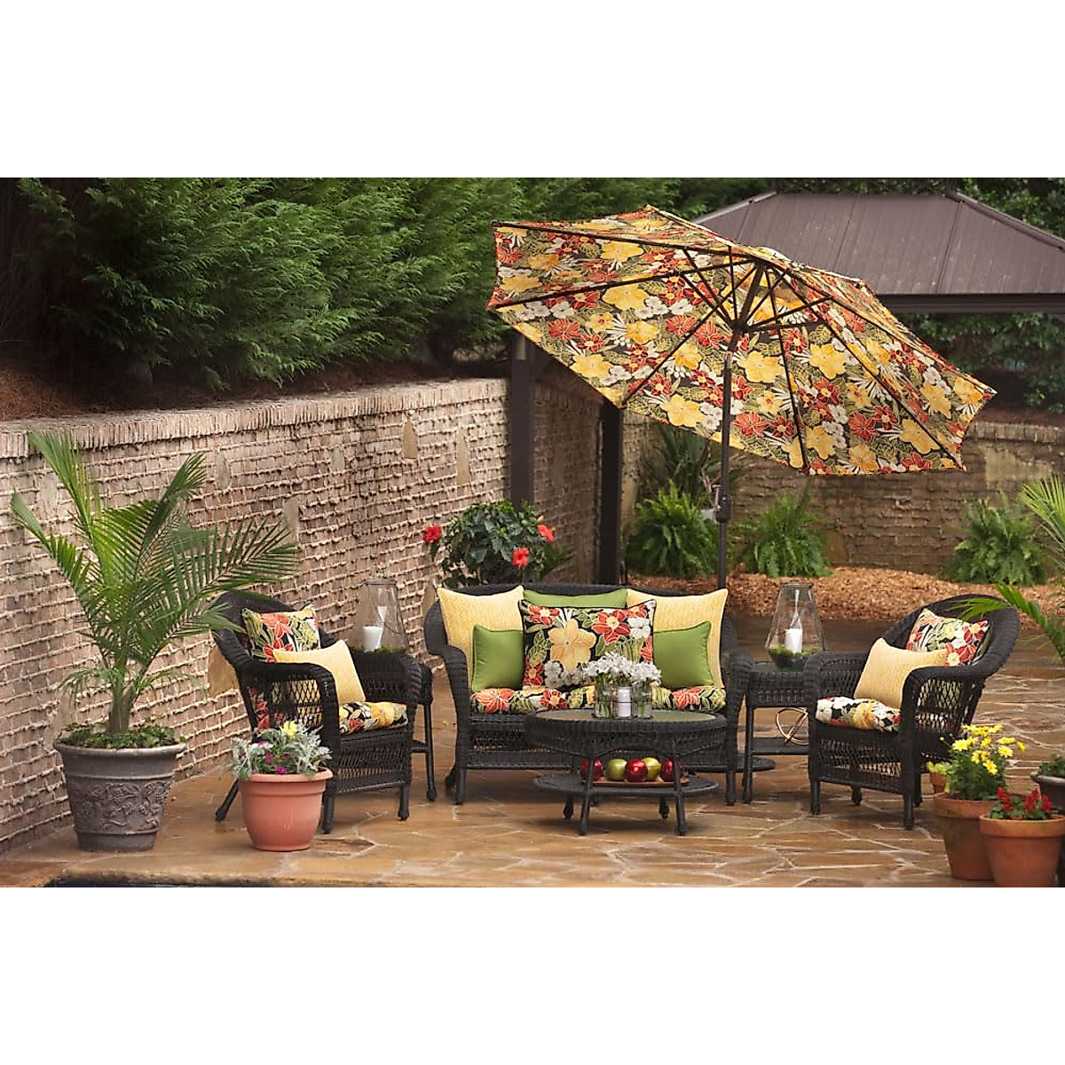 Pillow Perfect Tropic Floral Indoor/Outdoor Sofa Setee Bench Swing Cushion with Ties, Tufted, Weather, and Fade Resistant, 18" x 48", Black/Green Clemens, 1 Count