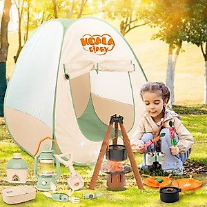 deAO Kids Camping Toys Set with Play Tent,23 PCS Outdoor Pretend Camping Toys with Light & Spray for Kids Boys Girls Age 3 4 5 6, Include Kids Camping Tent,Pot and Dish