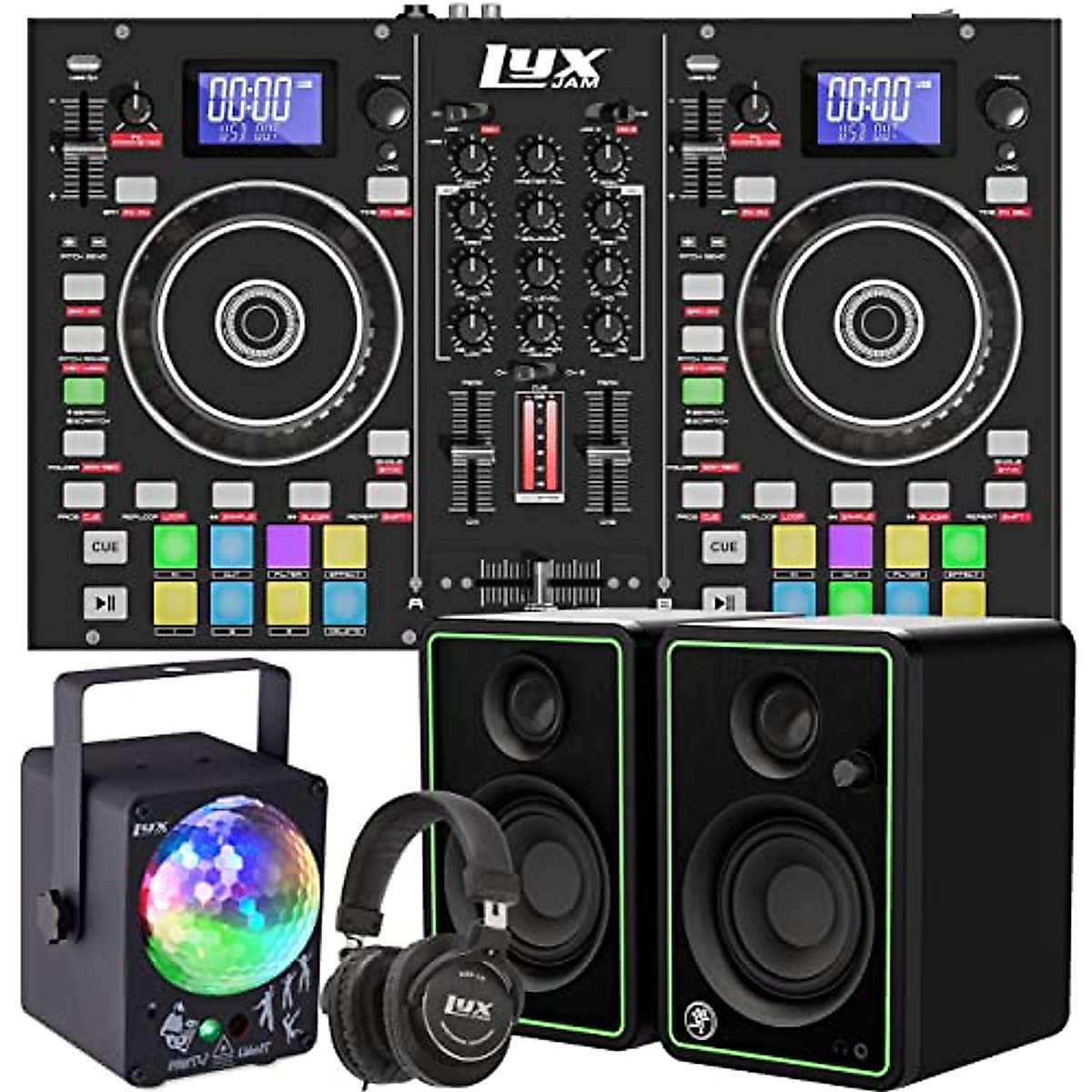 LyxJam 2-Deck DJ Controller, Mixing Console with LCD Display, with FREE Download for Virtual DJ LE, with CR3-X 50 watts Multimedia Monitors, Sound Activated DJ Light & Professional DJ Headphones