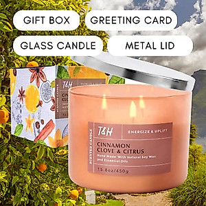 Cinnamon Clove Citrus Scented Candle with Vanilla, Ginger & Cedarwood | Highly Scented 3 Wick Soy Candles for Home 15.8 oz | Large Relaxing Aromatherapy Candle for Men & Women, Natural Cinnamon Candle