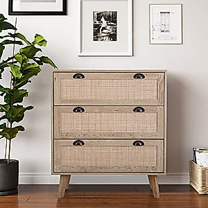 Sophia & William Rattan Cabinet Boho Dresser 3-Drawer Chest of Drawers/Accent Storage Cabinet/Nightstand for Bedroom Living Room