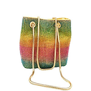 Boutique De FGG Rainbow Clutch Purses for Women Bucket Evening Bags Crystal Rhinestone Chain Shoulder Bags (Rainbow)